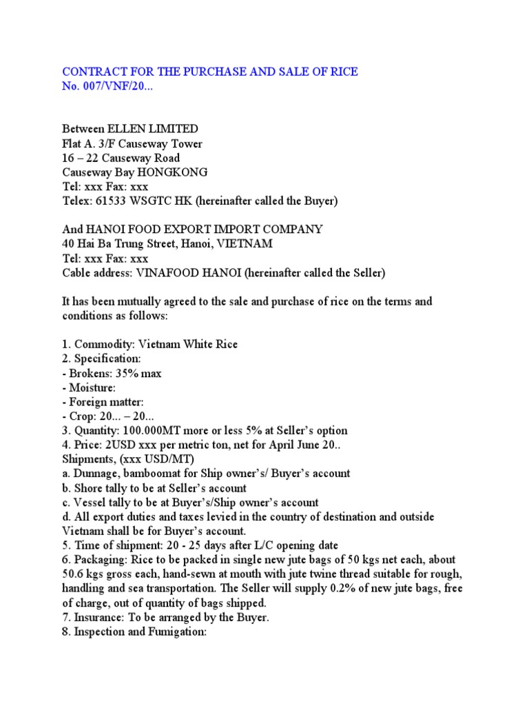 Contract For The Purchase and Sale of Rice | PDF | Cargo | Economies