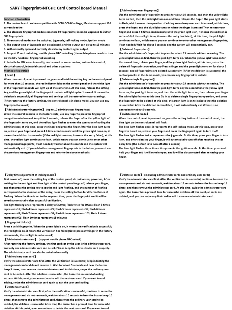 SARY Fingerprint+NFC+IC Card Control Board Manual (2) | PDF