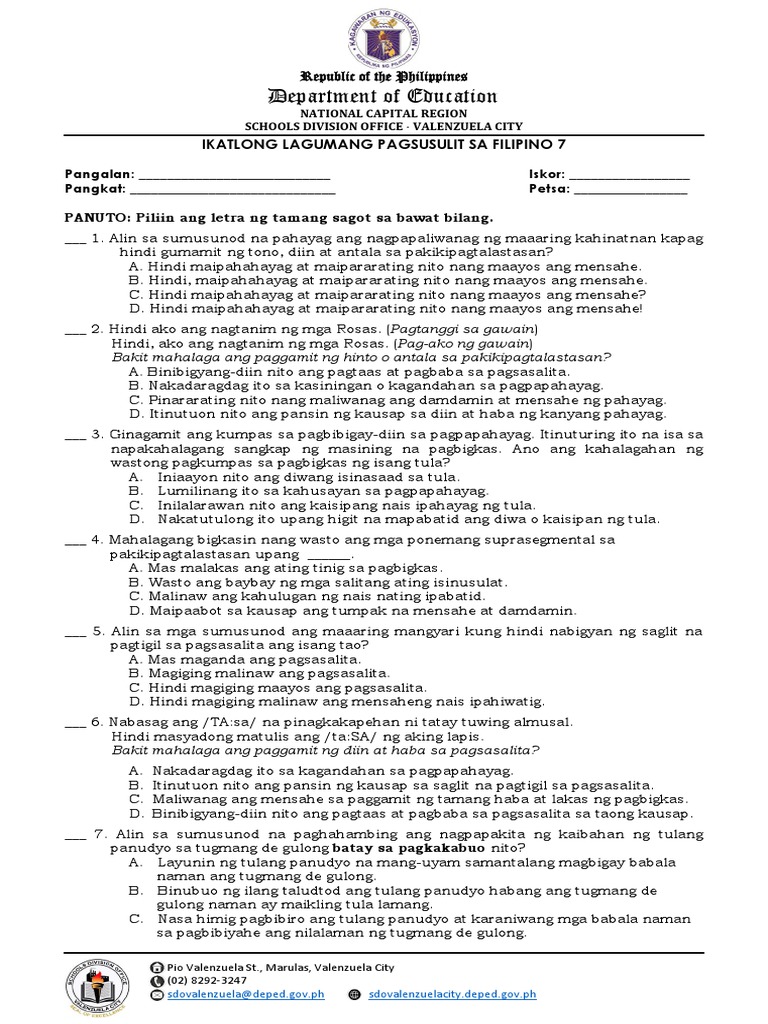 Q3 Pagsusulit Filipino7 | PDF
