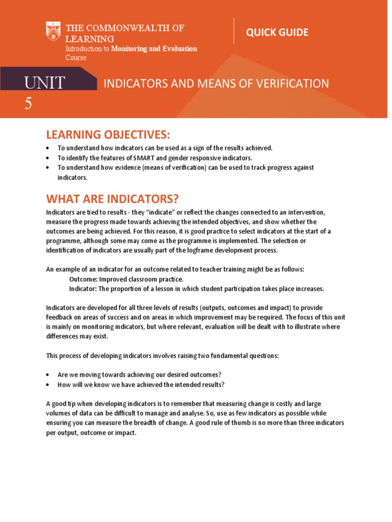 Unit 5 Quick Guide Indicators and Means of Verification | PDF ...