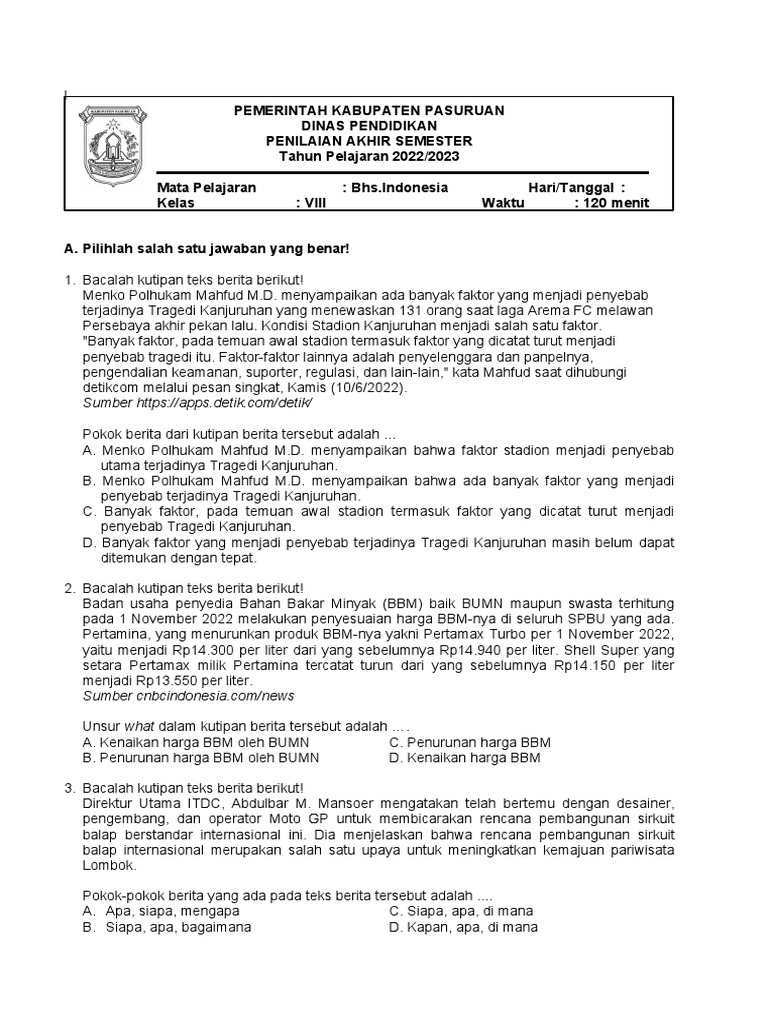 Soal Pas 8 Bin 2022 | PDF | Sains & Matematika