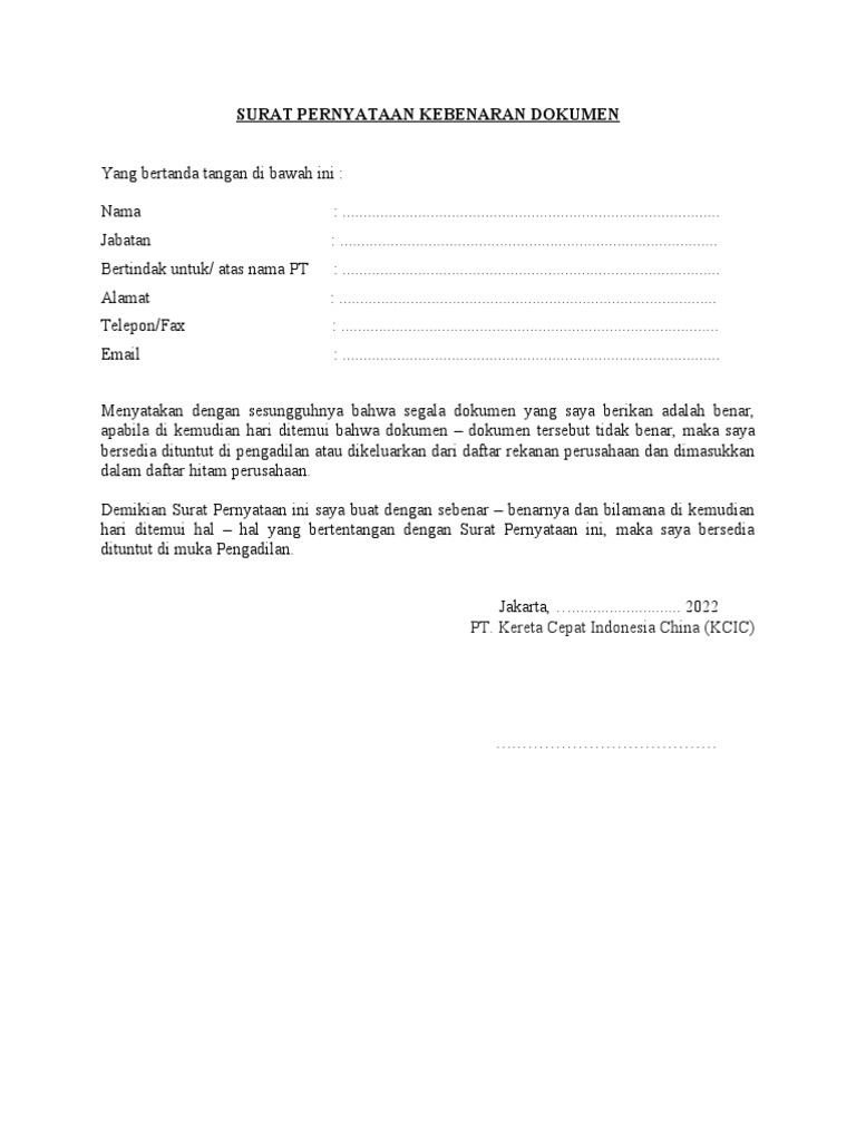 Surat Pernyataan Kebenaran Dokumen | PDF