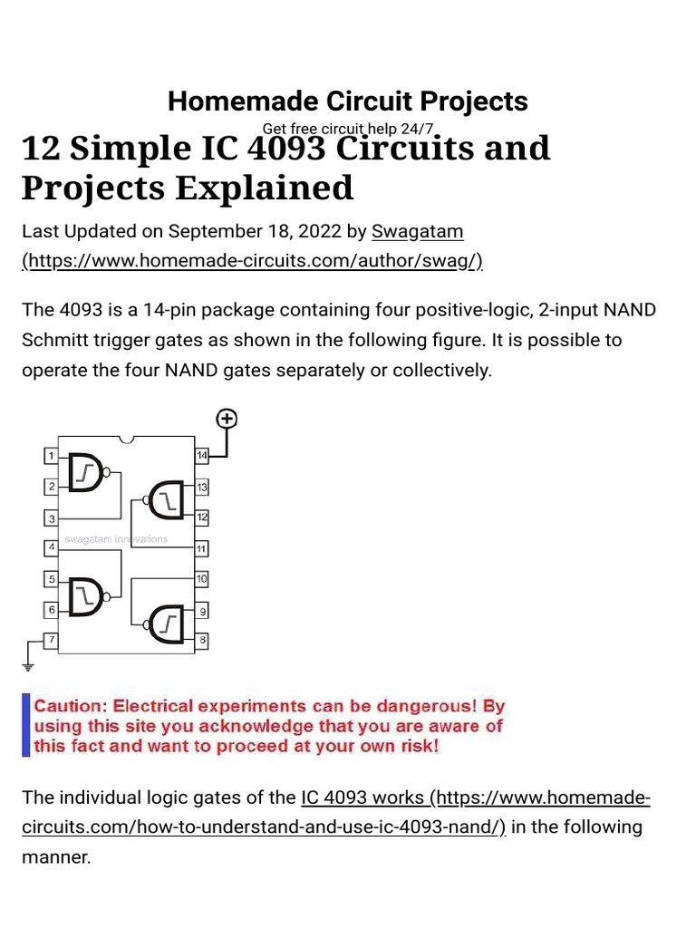12 Simple IC4093 Circuitsand Projects Explained Homemade Circuit ...