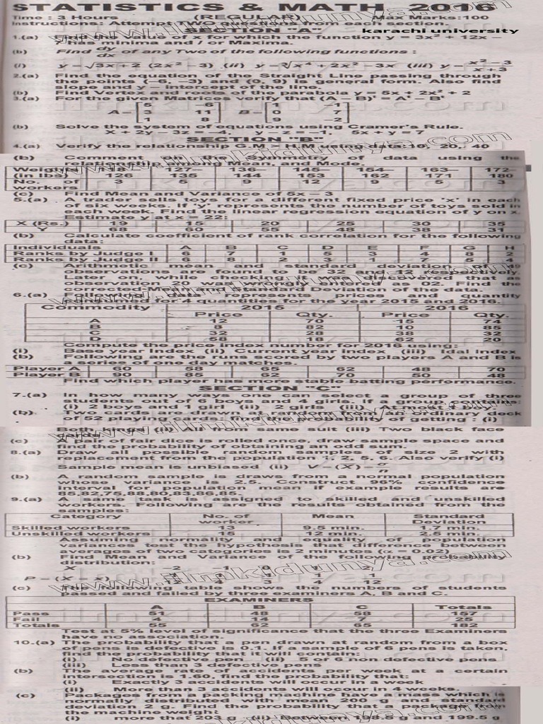 Past Paper 2016 Karachi University B.com Part 1 Statistics and Math ...