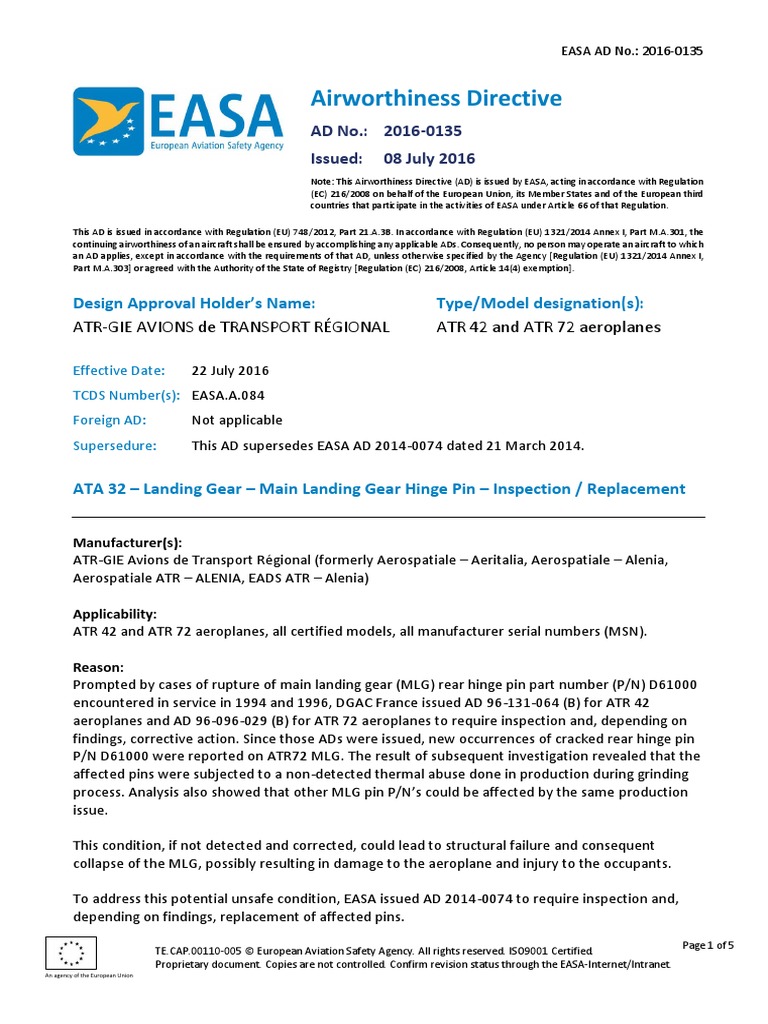 EASA AD 2016-0135: ATR MLG Pin Safety | PDF | Business | Technology ...