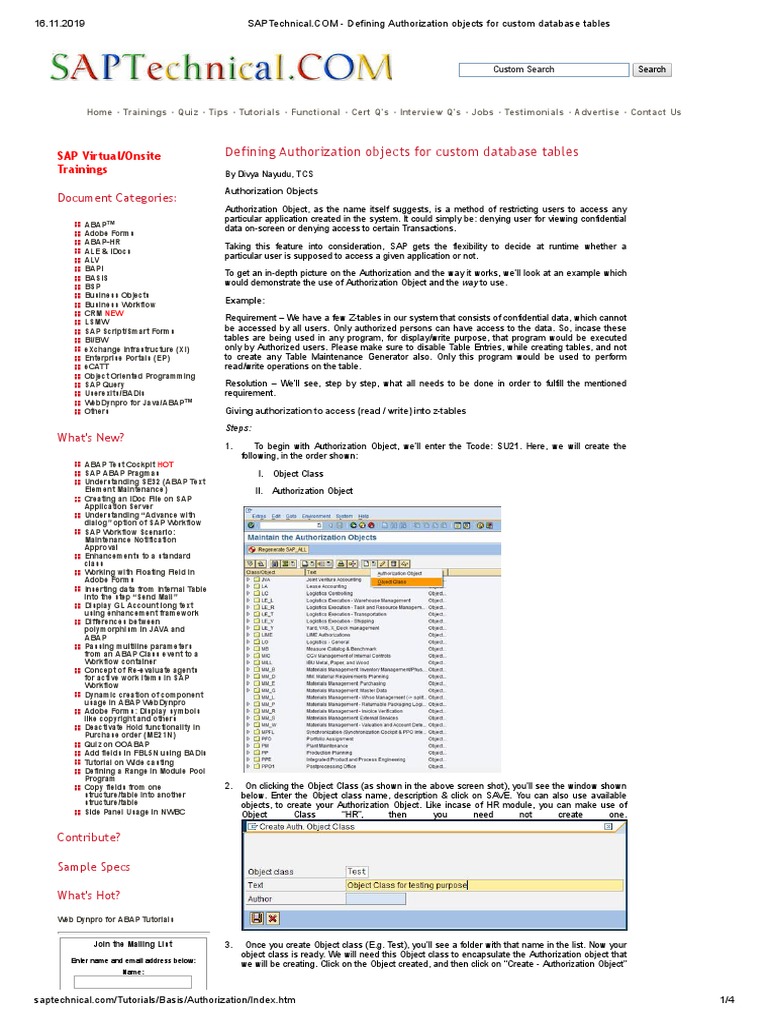 Defining Authorization Objects For Custom Database Tables Pdf Object Computer Science 9998
