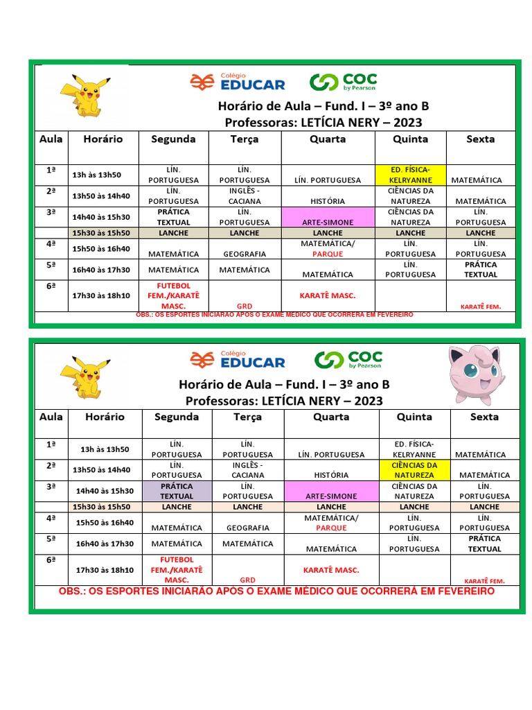 Horário de Aula 3º Ano B - 2023 | PDF