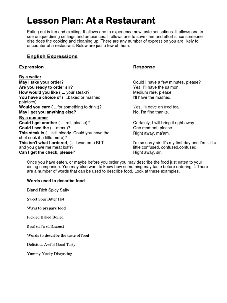 Lesson Plan at A Restaurant | PDF | Restaurants | Waiting Staff