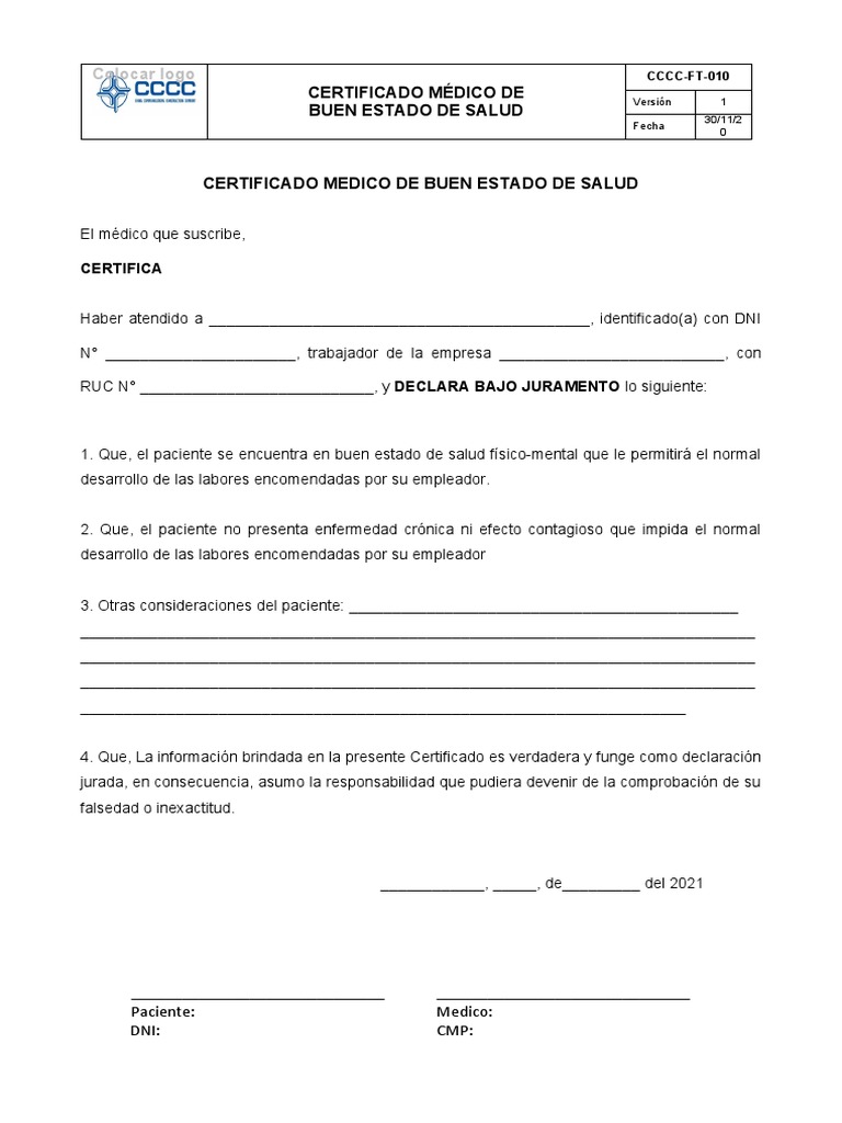 CCCC-SST-FT-010 Certificado Medico de Buen Estado de Salud | PDF