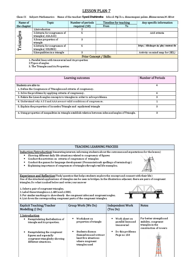 Class 9 Lesson Plan: Triangles & Congruence | PDF | Triangle | Euclidean Geometry