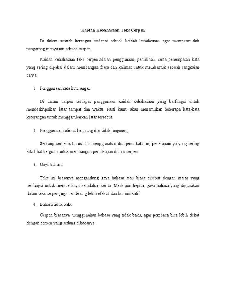 Kaidah Kebahasaan Cerpen | PDF | Seni & Disiplin Bahasa | Kajian Bahasa Asing