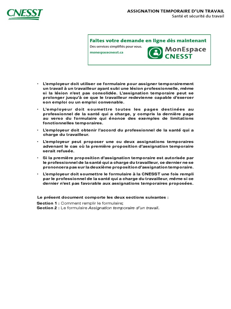 Formulaire d'Assignation Temporaire CNESST | PDF