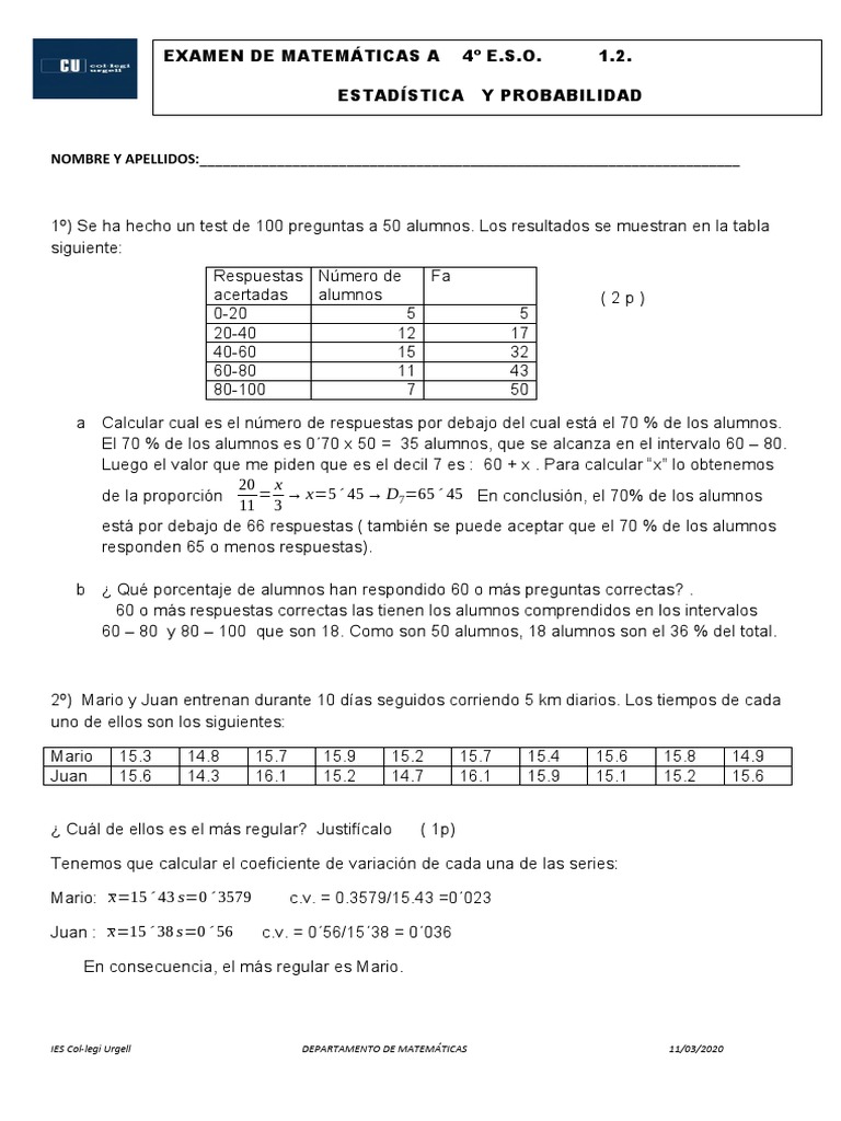 EXAMEN ESTADISTICA Y PROBABILIDAD 4º OPCION A Resuelto | PDF