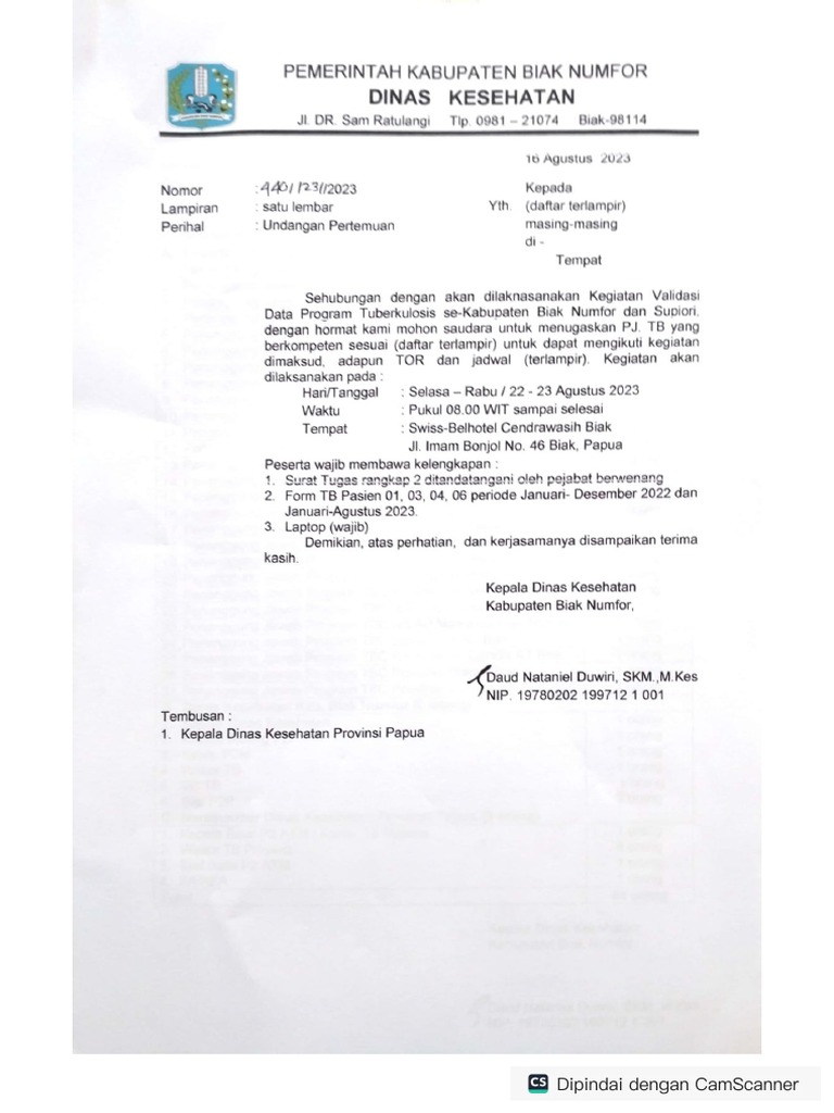 Undangan Dan TOR Kegiatan Validasi Data Program Tuberkulosis Se-Kabupaten Biak Numfor Tahun 2023 ...