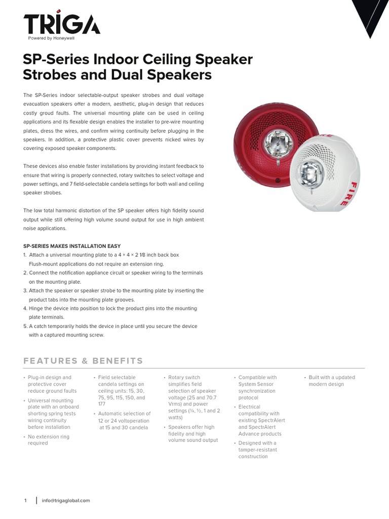 Data Sheet - Indoor Ceiling Speaker & Speaker strobes - Triga - UL & FM | PDF
