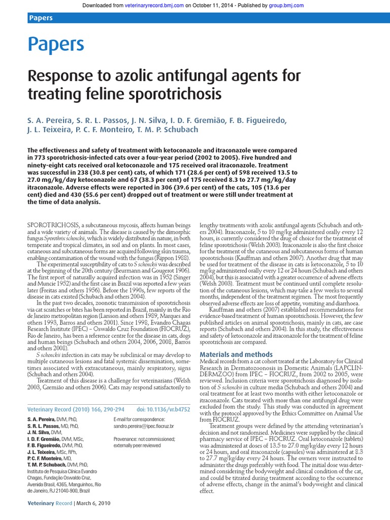 PEREIRA - Response To Azolic Antifungal Agents For Treating Feline Sporotrichosis | PDF