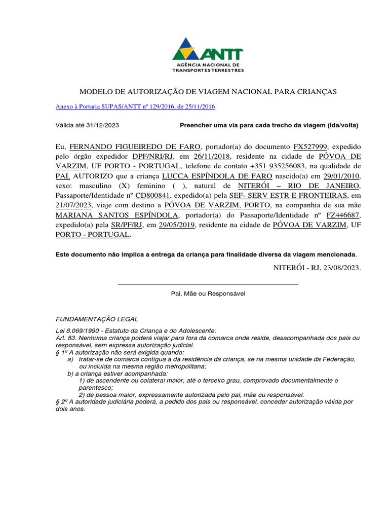 Modelo de Autorização de Viagem Nacional para Crianças. | PDF Modelo de Autorização de Viagem Nacional para Crianças. | PDF