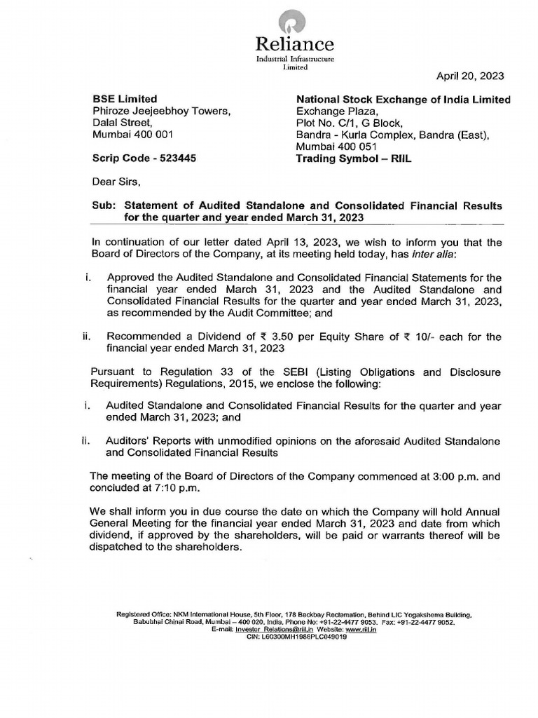 Reliance Infra Financial Results | PDF