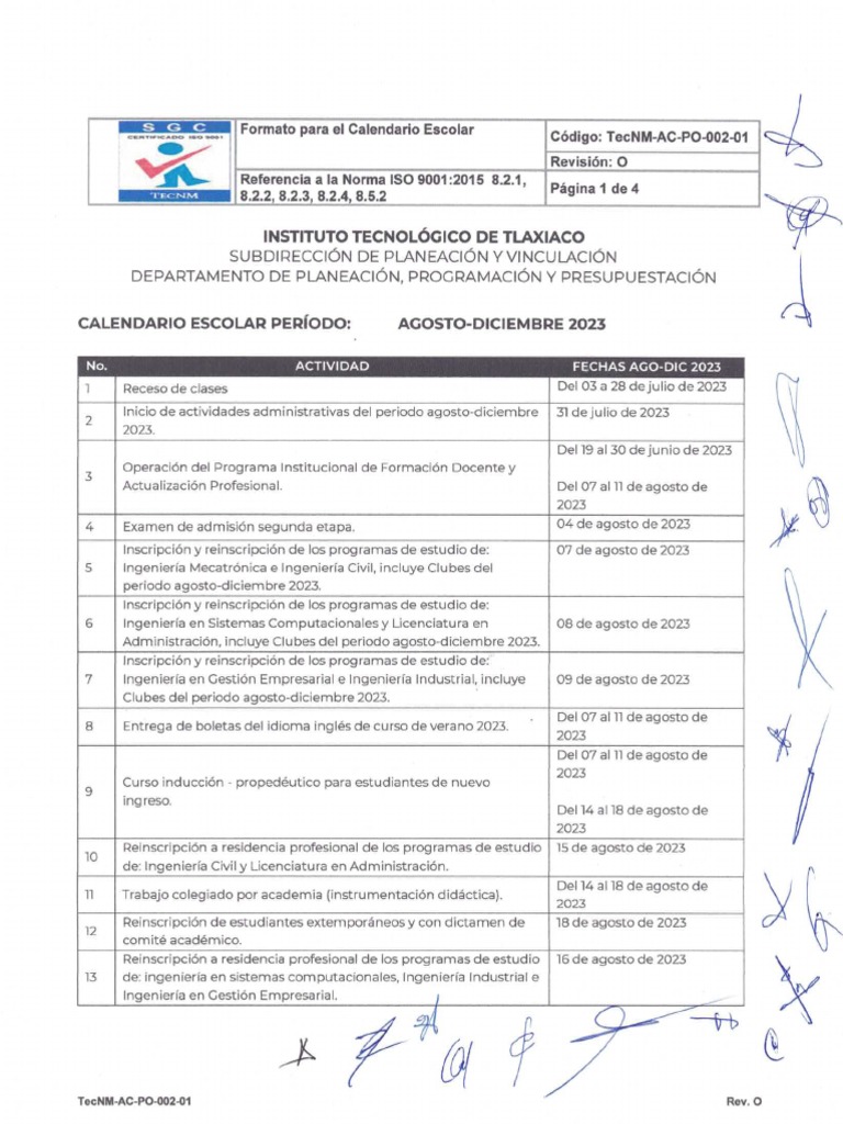 Calendario Escolar Agosto Diciembre 2023 | PDF