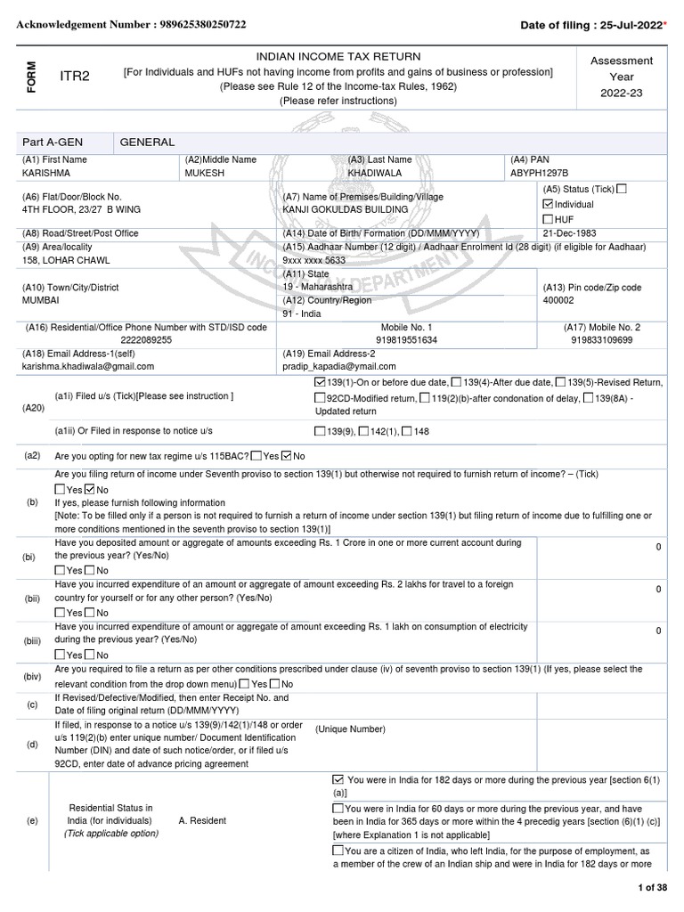 ITR2 Filing for Karishma Khadiwala | PDF | Capital Gain | Tax Deduction