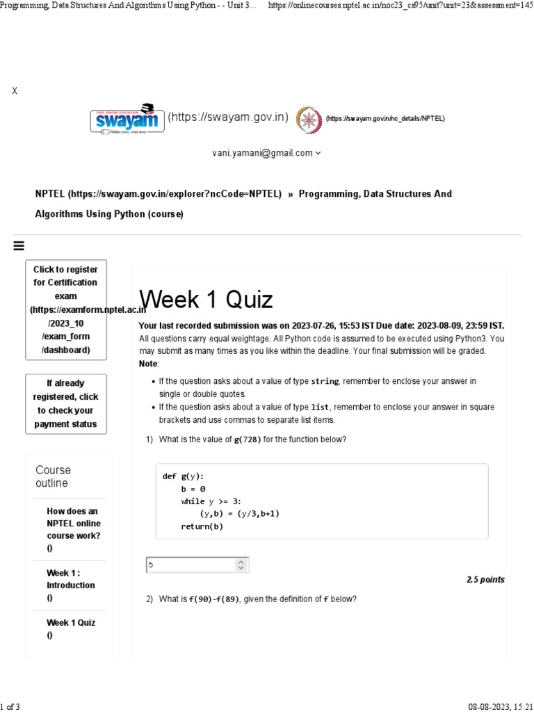 Programming Data Structures And Algorithms Using Python Unit 3 Week 1 Quiz Pdf