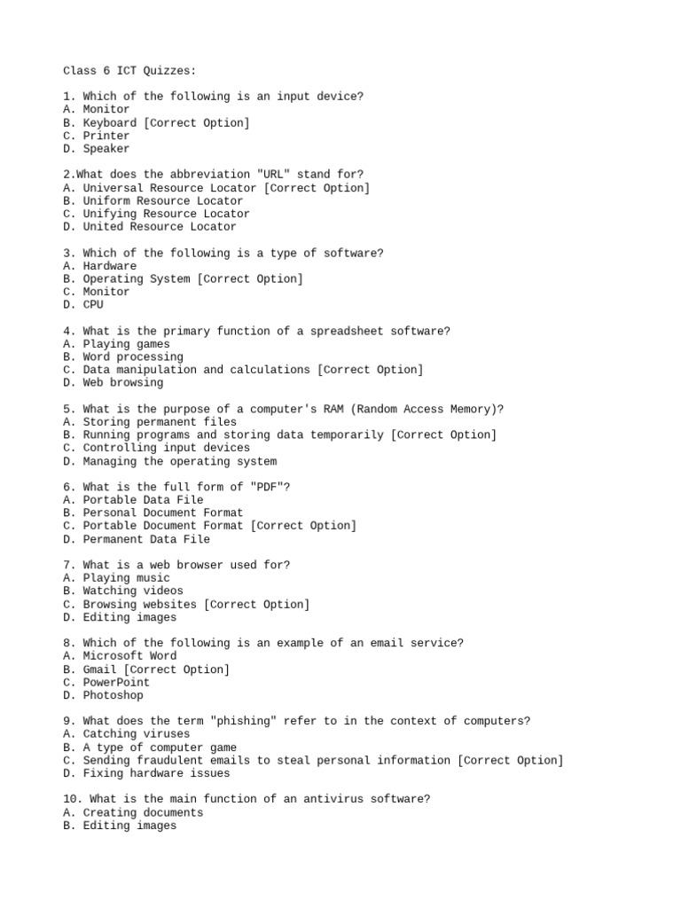 Class 6 ICT Quiz Questions and Answers | PDF | Computer Virus | Internet