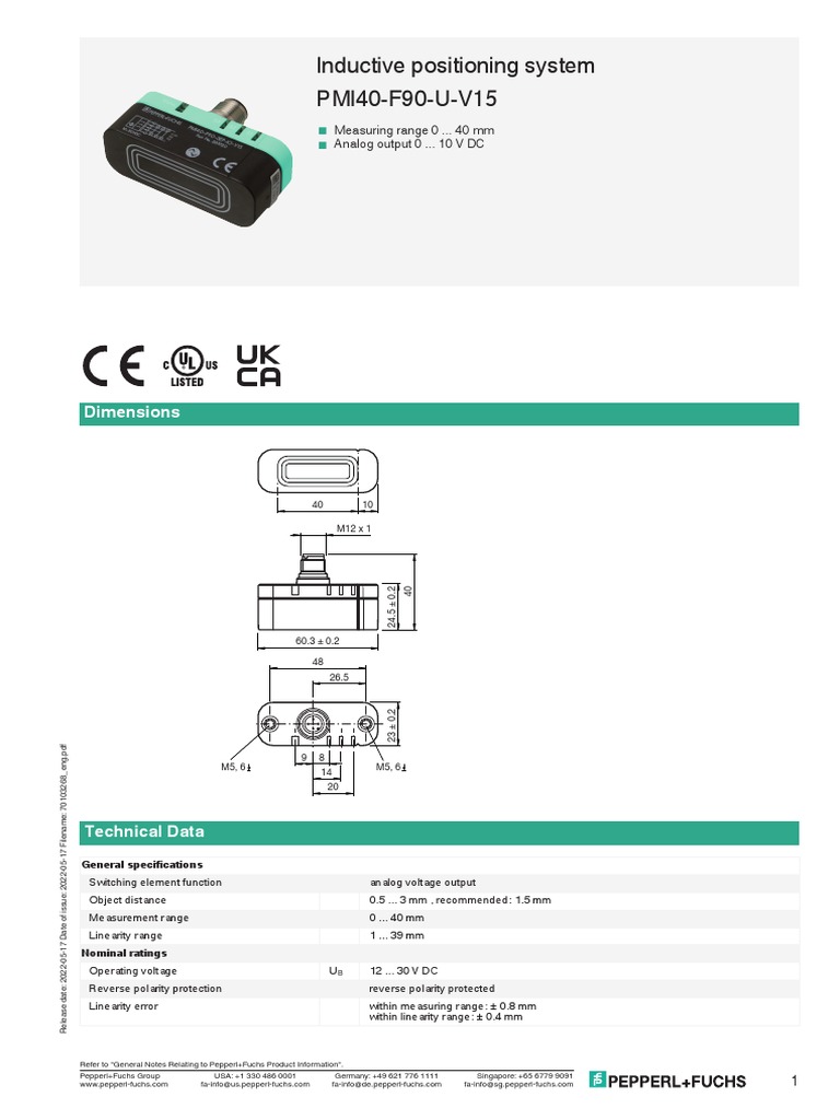 Inductive Positioning System PMI40-F90-U-V15: Dimensions | PDF