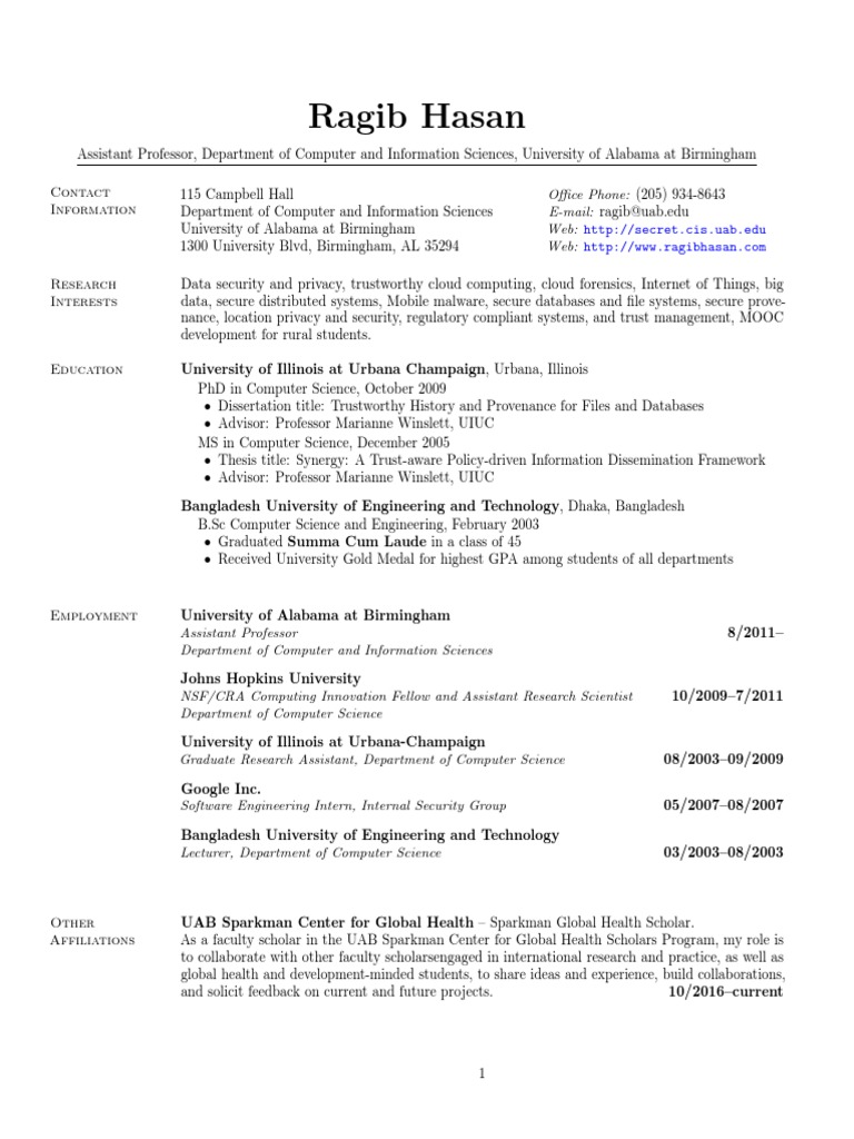 CV Ragib Hasan 2017 04 | PDF | Cloud Computing | Malware