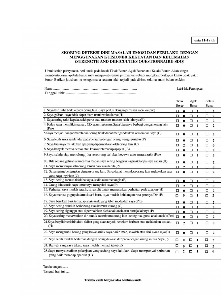 Instrumen SDQ Dan Skoring - 220719 - 155108 | PDF