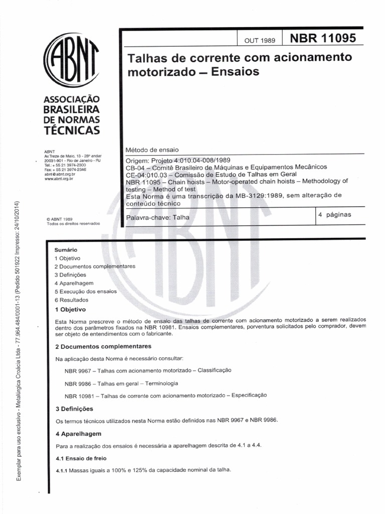 NBR 11095 Talhas de Corrente Com Acionamento Motorizado Ensaio | PDF