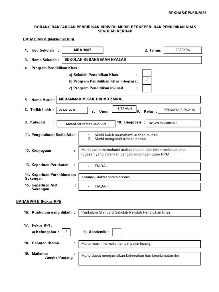 Rencana Pendidikan Khas Murid | PDF