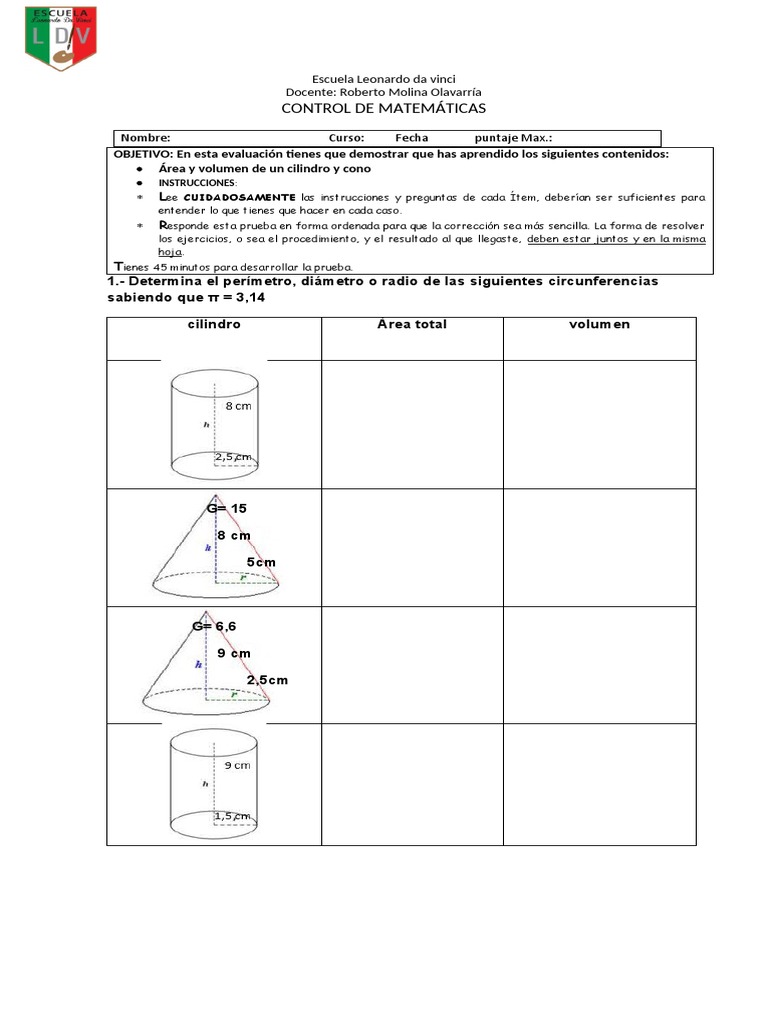 Evaluacion Volumen y Area Cono y Cilindro | PDF