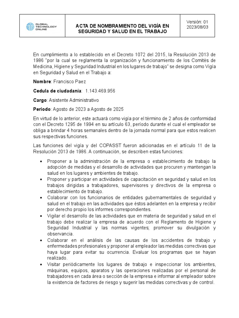 Acta de Nombramiento Del Vigía en SST | PDF