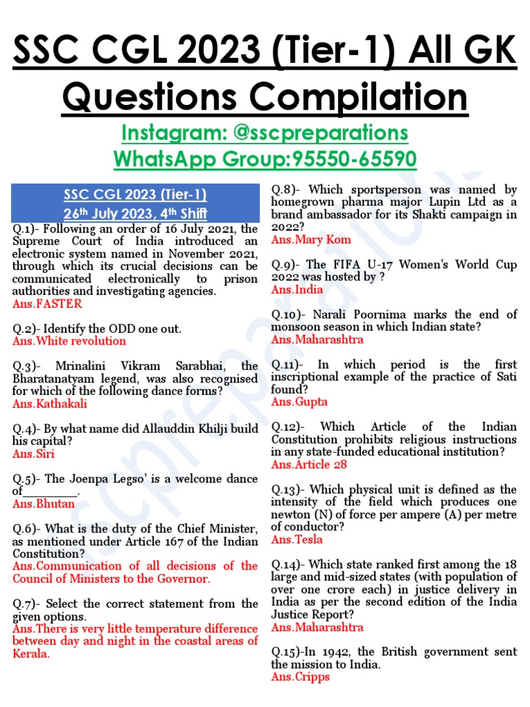 SSC CGL 2023 Tier-1 GK Questions | PDF