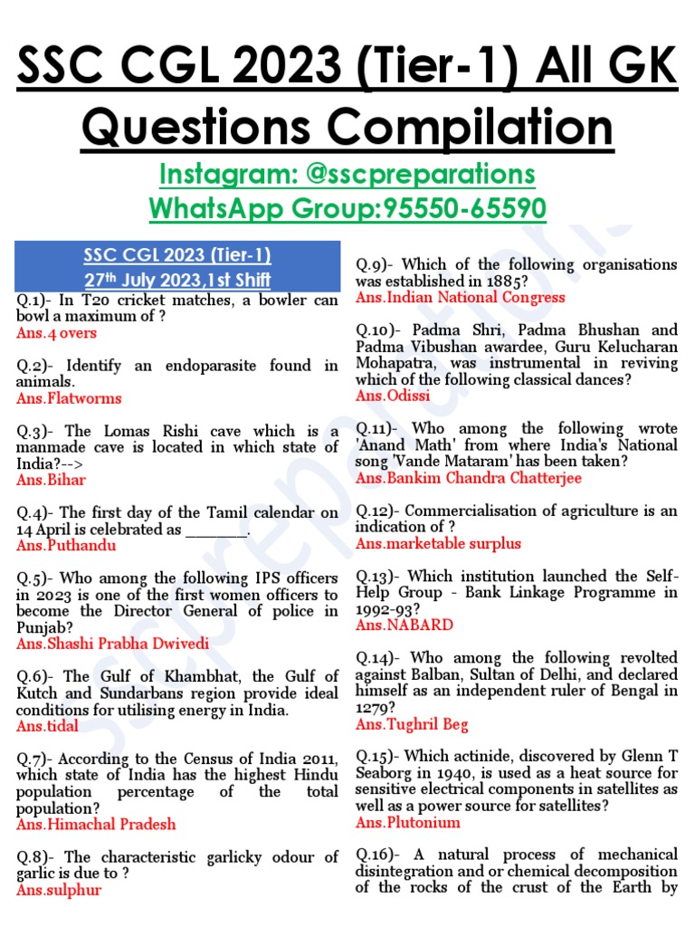 SSC CGL 2023 27th July (Shift-1) All GK Questions | PDF