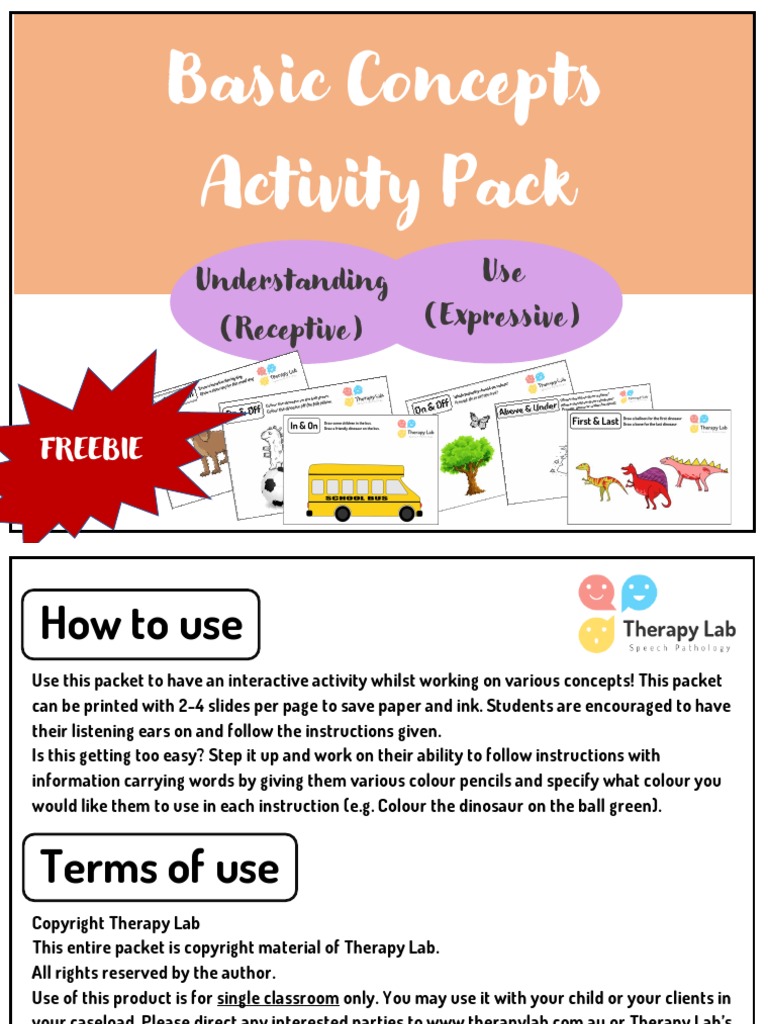 Basic Concepts Activity Pack: Understanding (Receptive) Use (Expressive ...