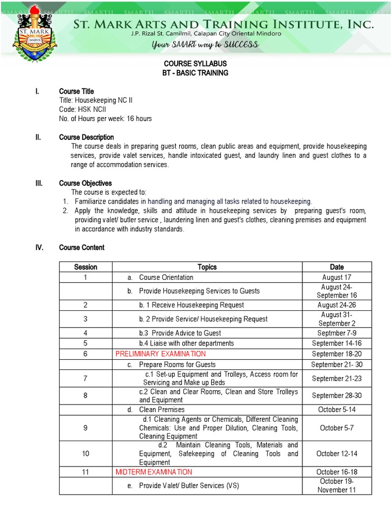 College Course Syllabus | PDF | Laundry | Housekeeping