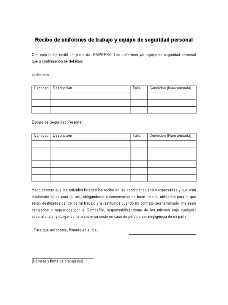Acuse - Recibo de Uniformes de Trabajo | PDF | Negocios | Finanzas y dinero