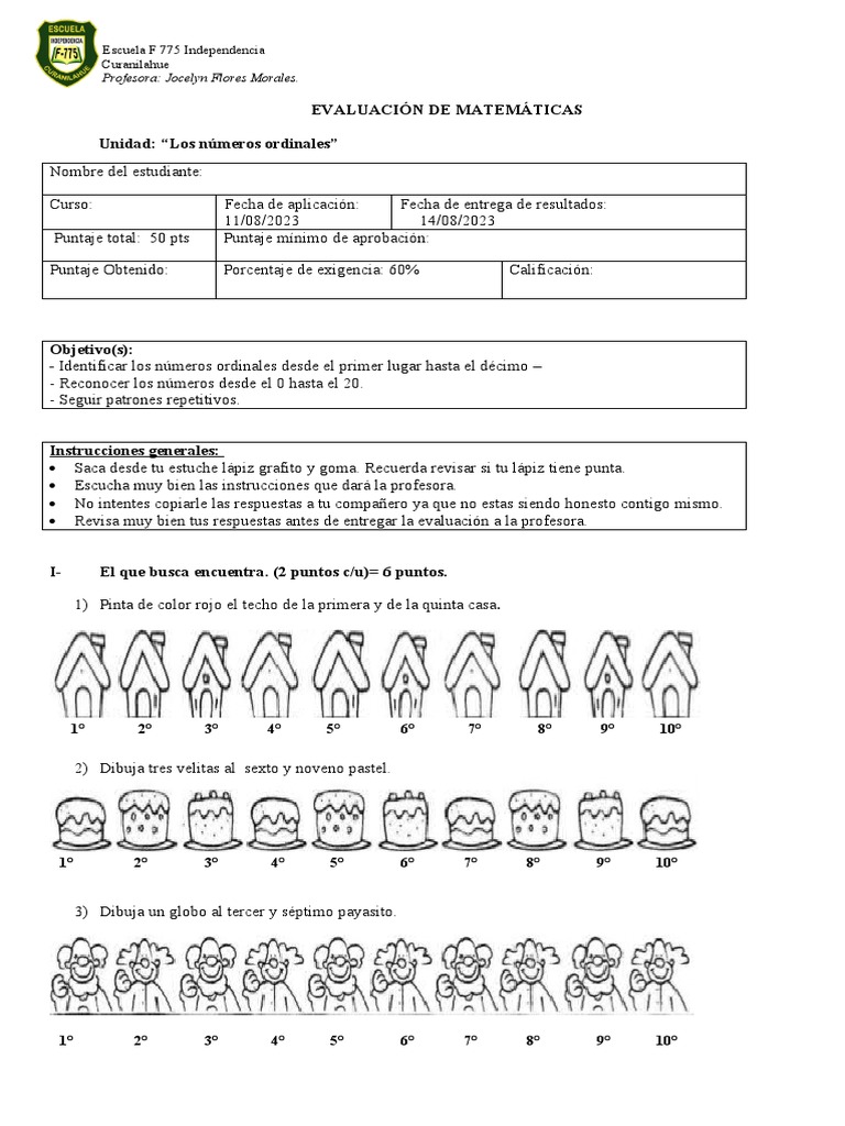 Prueba de Numeros Ordinales | PDF