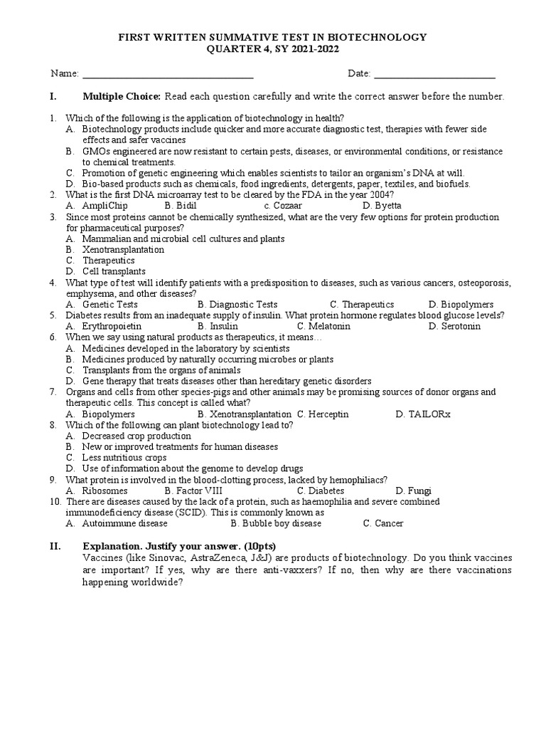 4thQFIRST WRITTEN SUMMATIVE TEST IN BIOTECHNOLOGY | PDF | Biotechnology ...