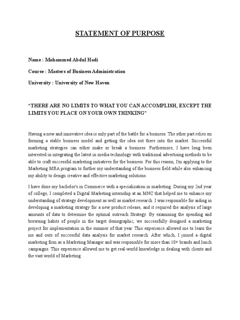 STATEMENT OF PURPOSE University New Haven | PDF | Marketing | Master Of ...