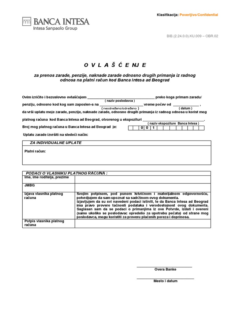 Ovlascenje Za Prenos Zarade Sa Potvrdom o Zaposlenju I Visini Primanja ...