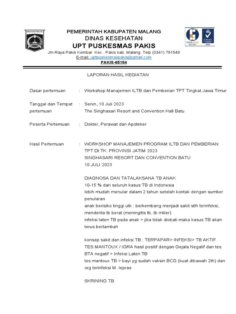 LHK Workshop Manajemen ILTB Dan Pemberian TPT Tingkat Jawa Timur | PDF