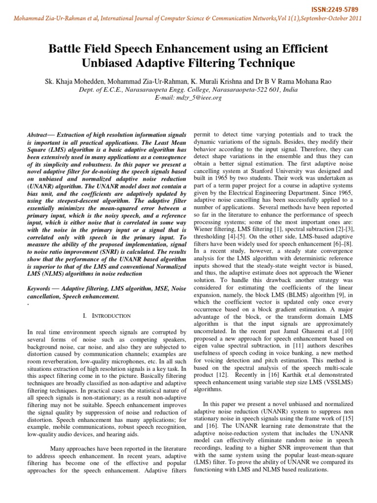 Battle Field Speech Enhancement Using An Efficient Unbiased Adaptive Filtering Technique | PDF ...