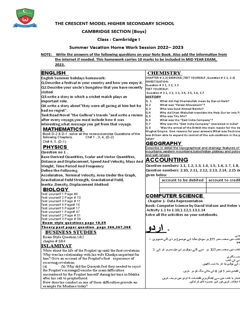Summer Vacation Work C1 | PDF | Velocity | Physics