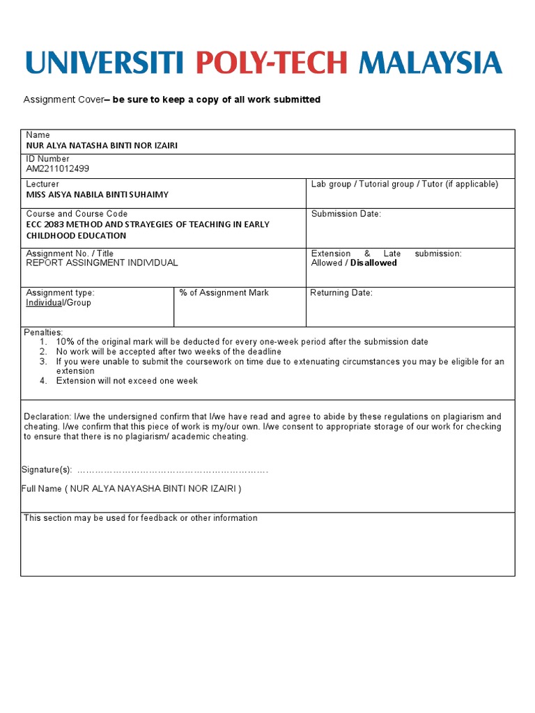 UPTM Assignment Cover Page Template | PDF