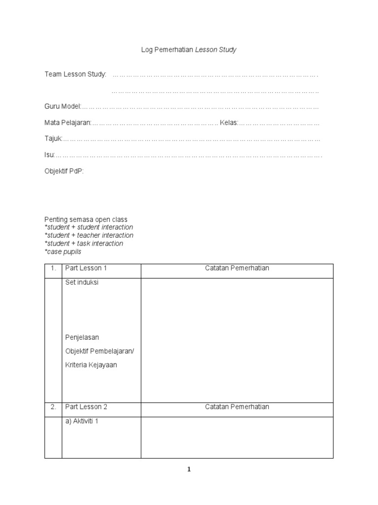 Log Pemerhatian Lesson Study 2023 - C2 | PDF