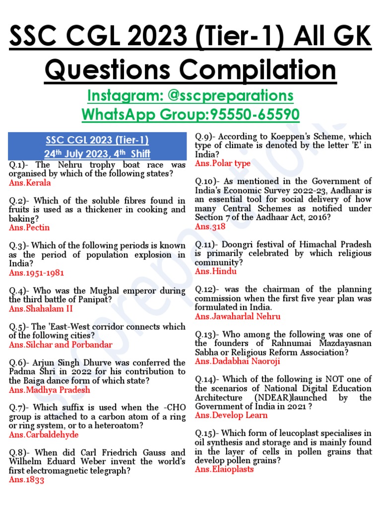 SSC CGL 2023 Tier-1 GK Questions | PDF | South Asia