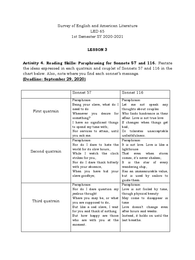 Sonnet 56 And 116 Pdf Love Poetry