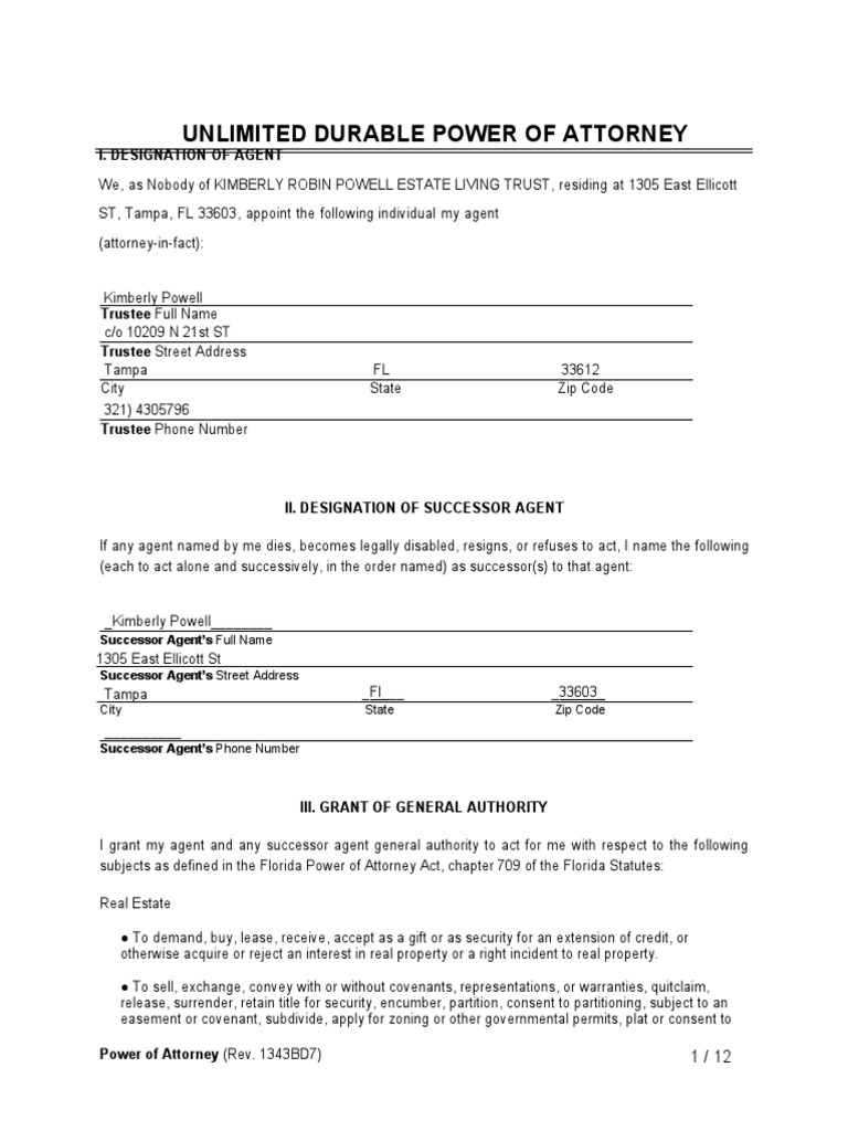 Unlimited Durable Power of Attorney: Successor Agent's Full Name ...